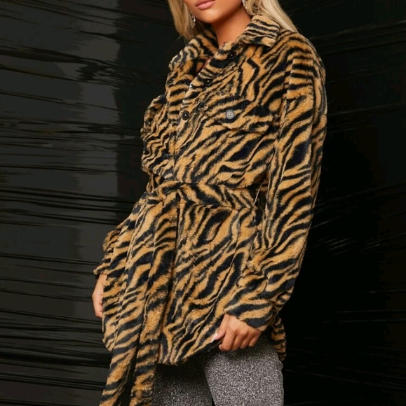 SHEIN | Jackets & Coats | Shein Tiger Skin Print Drop Shoulder Belted ...